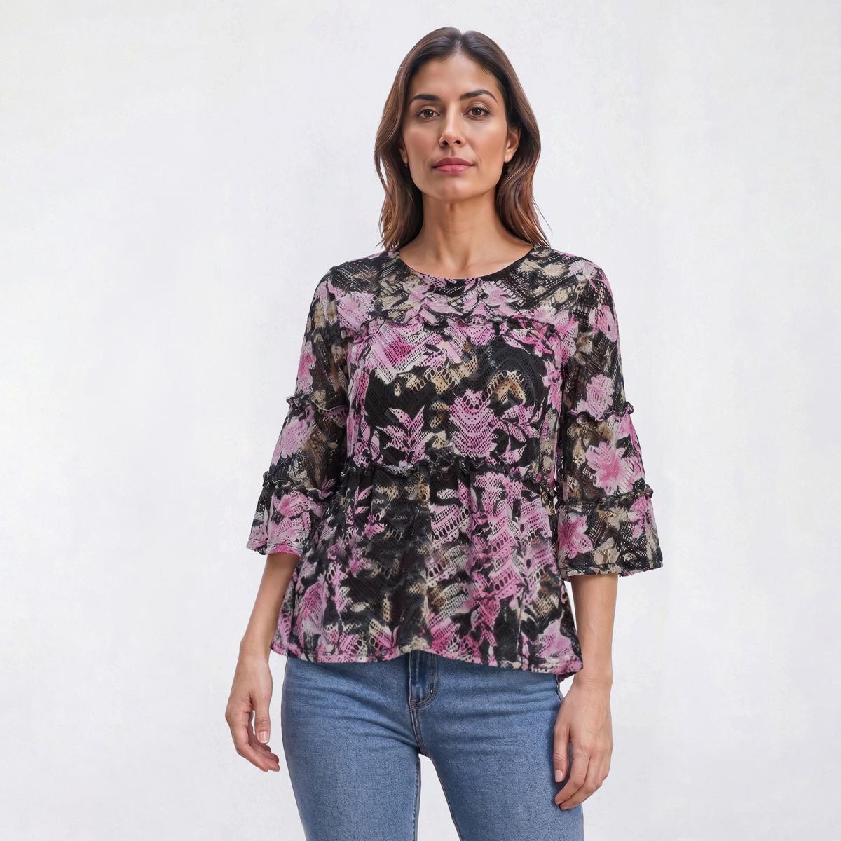 Click here for Petite Cocomo 3/4 Flounce Sleeve Lace Floral Blous... prices